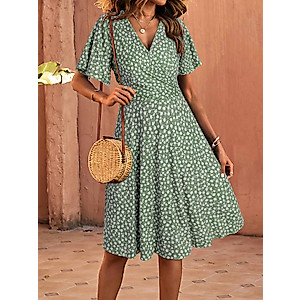 FENSACE Women's Casual Dresses Fit and Flare Green Floral Dress(Floral-32,Large)
