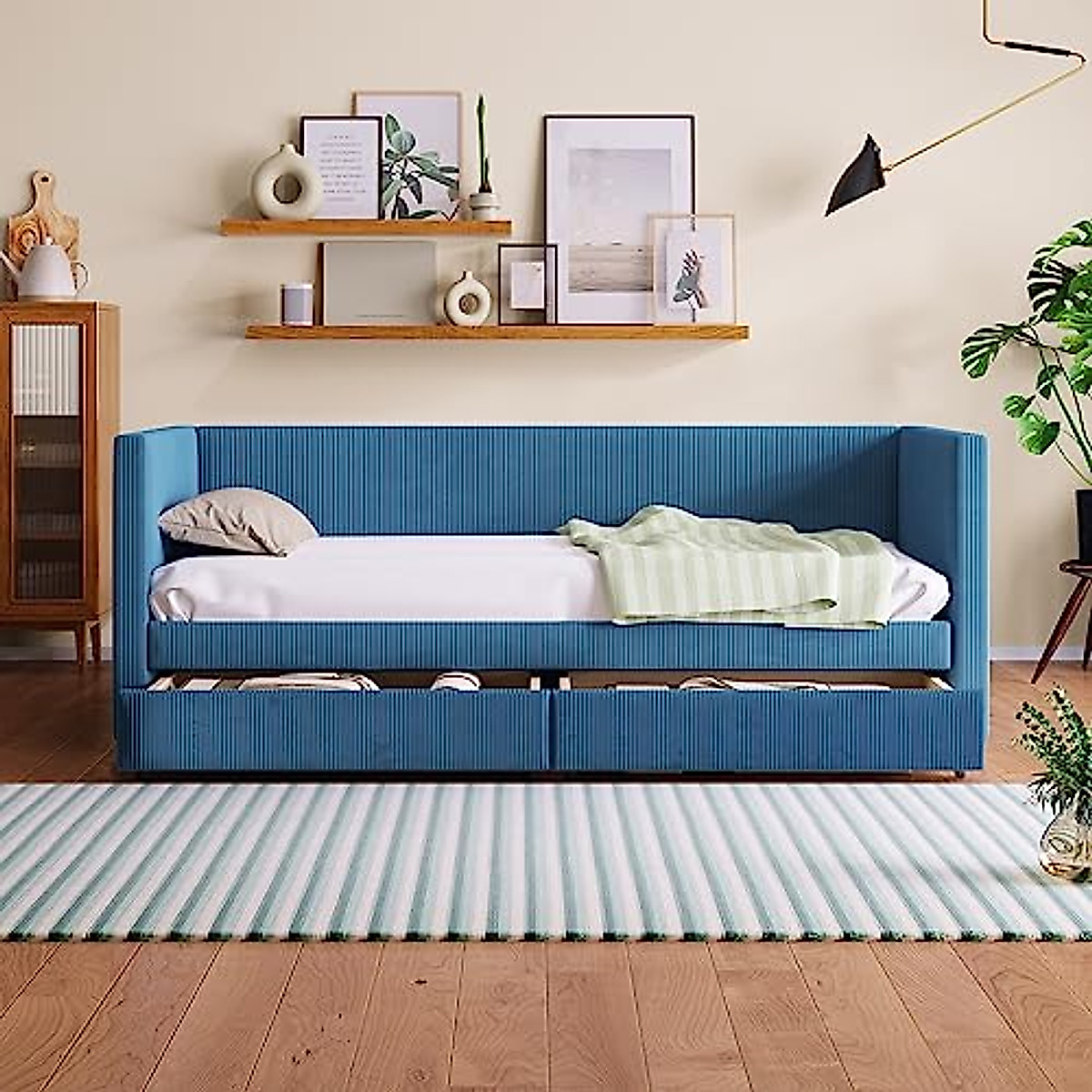 Merax Twin Size Corduroy Daybed with Two Drawers and Wood Slat,Sofa Bed Frame for Bedroom,Boys,Blue