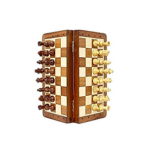 House of Chess - 8 Inch Wooden Magnetic Folding Travel Chess Set - Board with Algebraic Notation + 2 Extra Pawns & 2 Extra Queens- Handmade - Premium Quality
