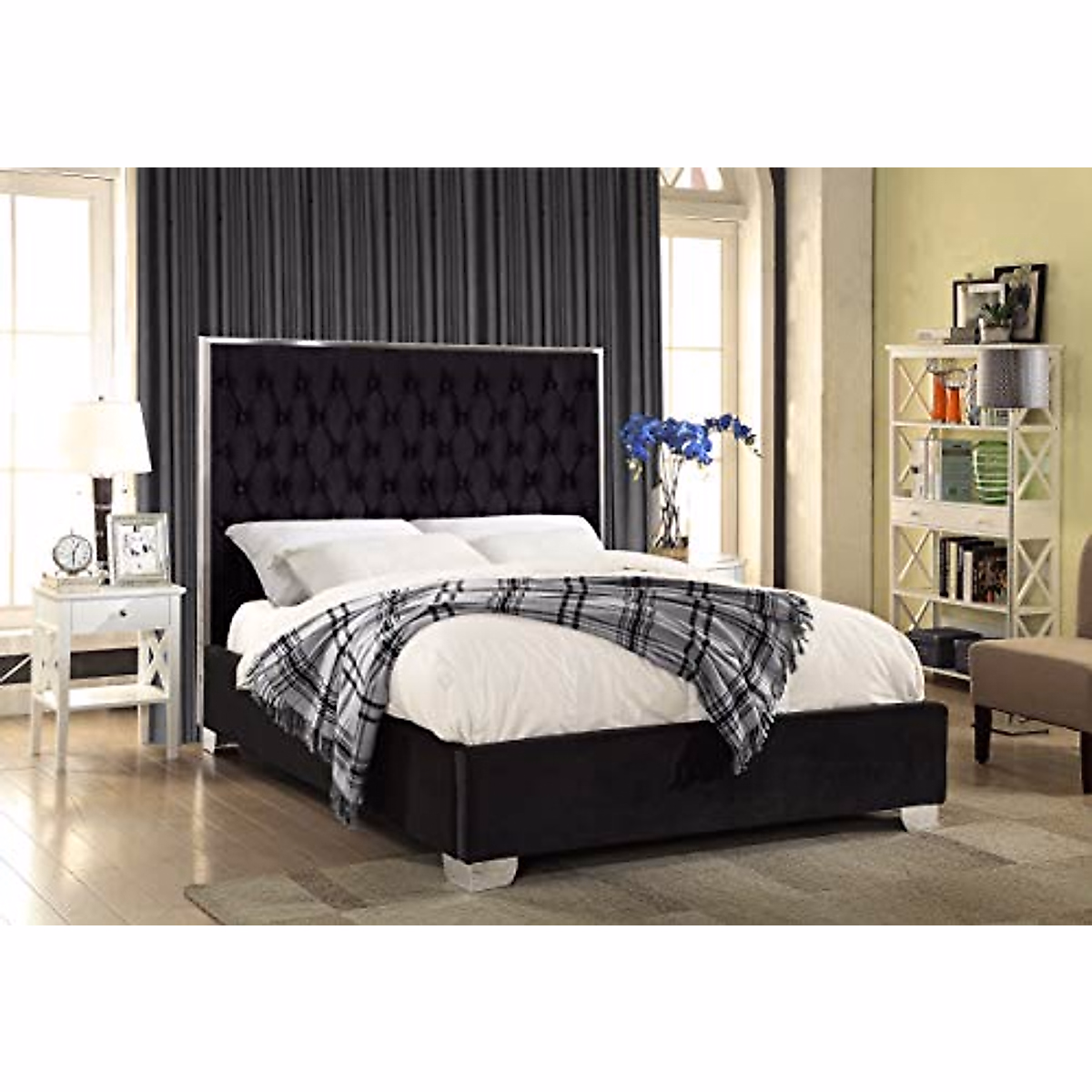 Meridian Furniture Lexi Collection Modern | Contemporary Velvet Upholstered Bed with Deep Tufting, Polished Chrome Stainless Steel Frame and Legs, Queen, Black