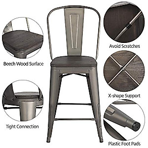Topeakmart Set of 4 Gunmetal Wooden Seat 24 Inch Counter Height Metal Bar Stools Kitchen Chairs with High Back, Indoor/Outdoor