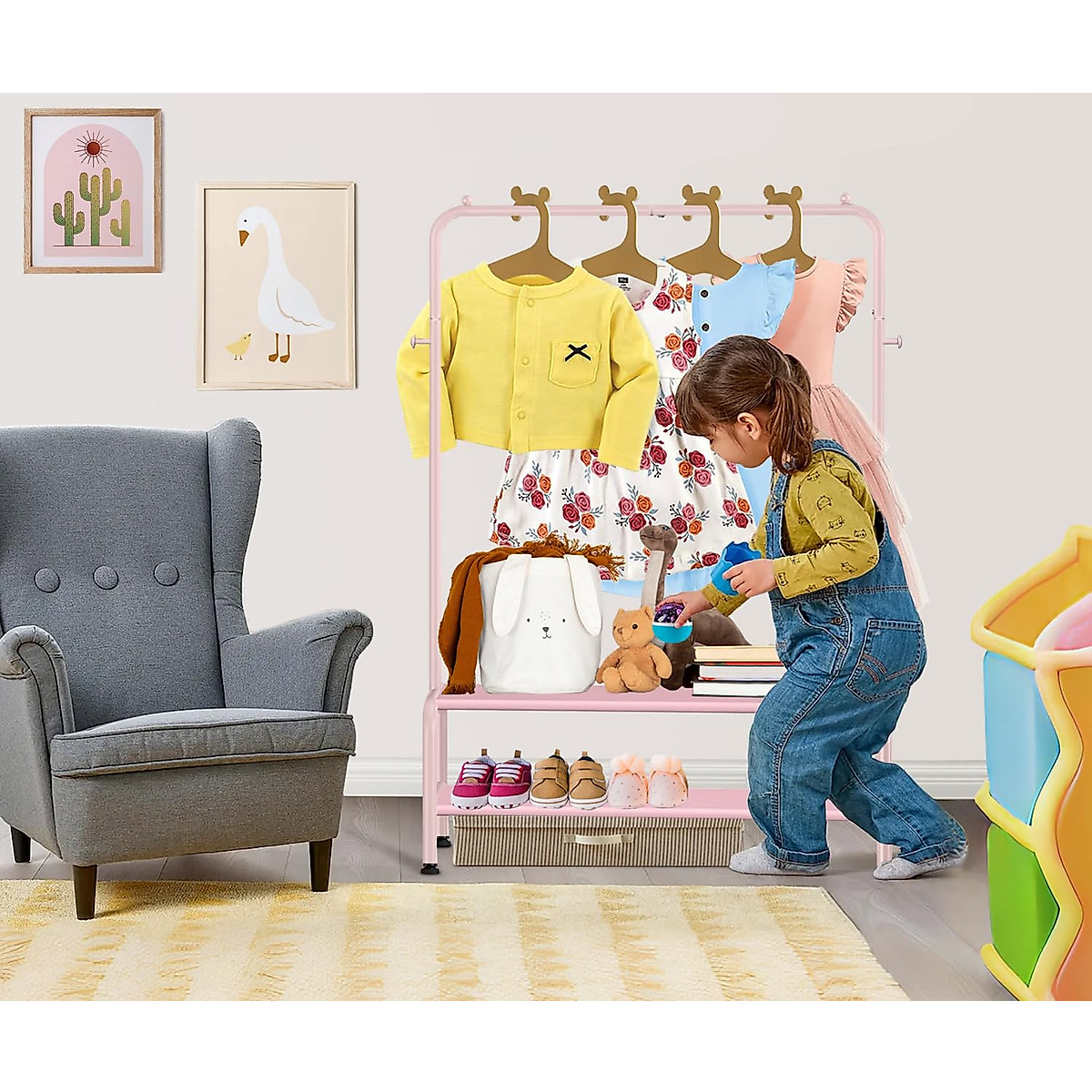 Kids Clothing Rack - Kids Dress Up Clothes Storage Racks - Dress Up Rack for Little Girls - Small Kids Costume Wardrobe Rack with 2 Fabric Floors Storage Shelf - Mini Short Kids Clothing Garment Rack