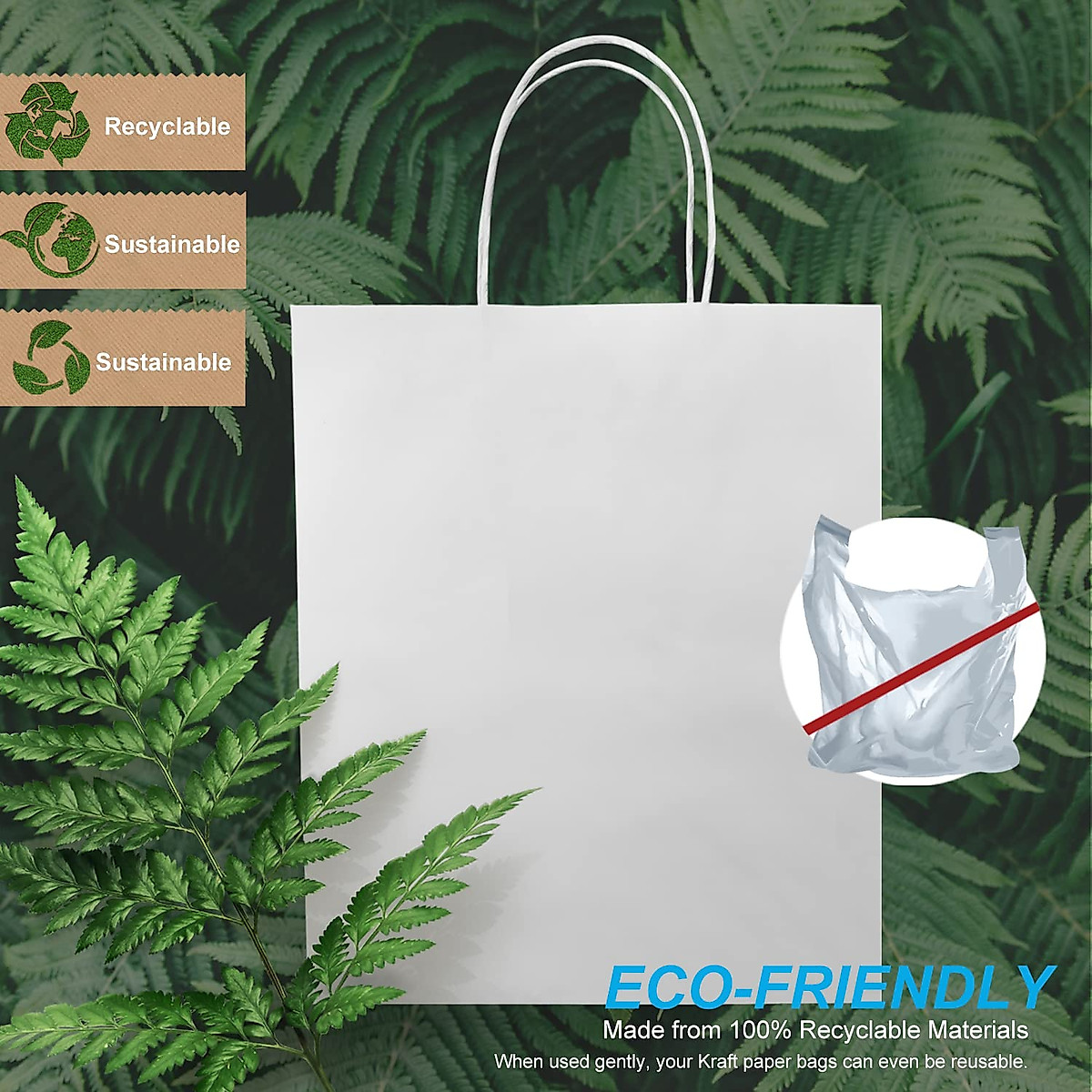 White Paper Bags with Handles, 50 Count 10x6.75x12 Inches White Kraft Paper Bags for Wedding bags, Gift bags, Food bags, Shopping bags, Grocery bags, Storage bags, Lunch bags, Take Out bags, Retail bags and More, Reusable, Eco-friendly and Sustainable 107