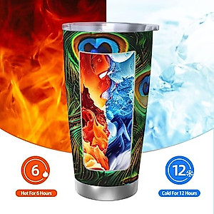 AYCZN Feather 20 OZ Tumbler Stainless Steel Travel Coffee Mug, Boho Peacock Insulated Water Bottle with Lid and 2 StrawsLeakproof Thermal Cup