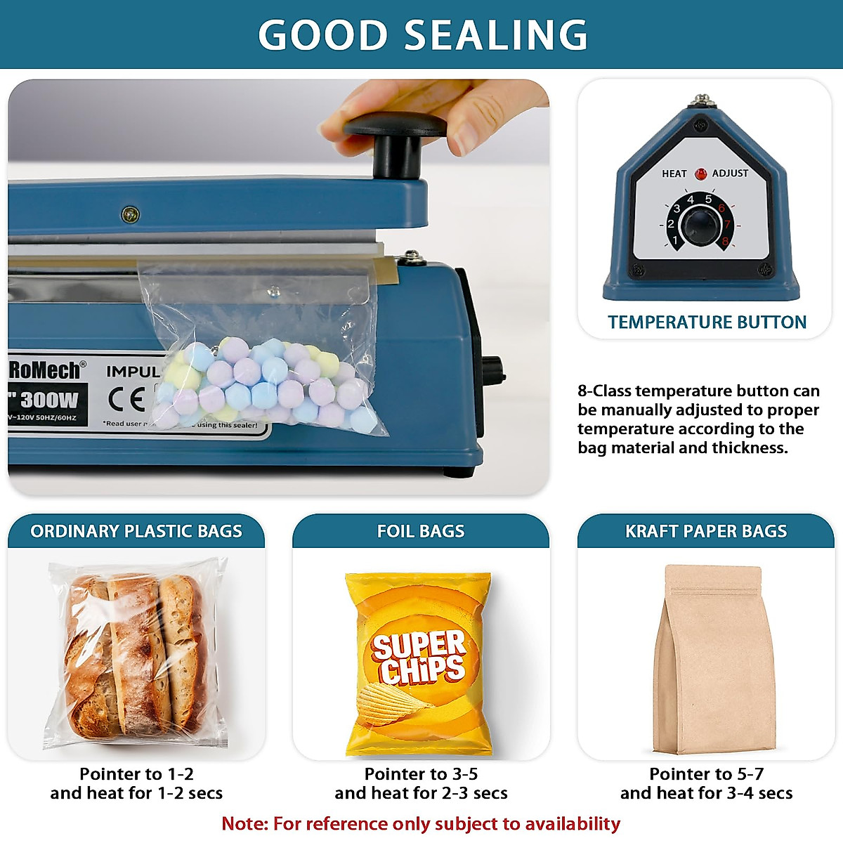 ROMECH 8 Inch Impulse Bag Sealer, Solid Metal Housing Heavy Duty Manual Heat Sealer Machine with Spare Parts for Sealing Plastic Bags & Shrink Wrap Bags (300W)