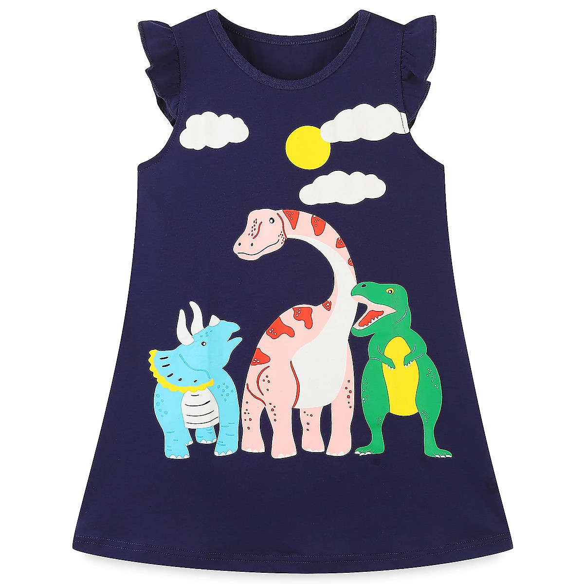 Toddler Girl's Summer Dresses Outfits Clothes,Dinosaur Cotton Flower Short Sleeve Casual Clothing Navy Dinosaur Size 6
