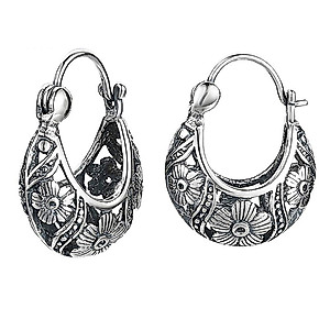 BALMORA 925 Sterling Silver Filigree Hoop Earrings for Women Flowers Vintage Party Jewelry Wedding Floral Light Weight Hoop Earrings for mom Friends