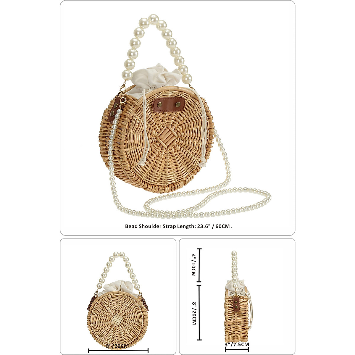 So'each Women Handmade Rattan Wicker Woven Artificial Pearl Circle Shoulder Bag