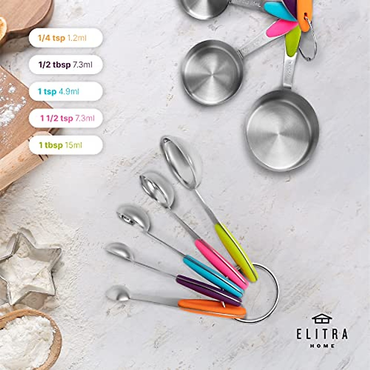 Measuring Cups and Spoons Set 13 Piece. Includes 10 Stainless Steel Measuring Spoons and 3 Plastic Measuring Cup – By Elitra Home