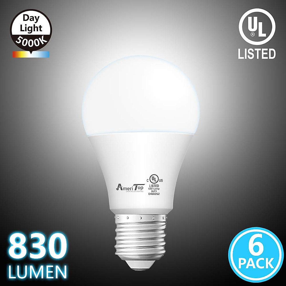 AmeriTop A19 LED Light Bulbs- 6 Pack, Efficient 9W(60W Equivalent) 830 Lumens General Lighting Bulbs, UL Listed, Non-Dimmable, E26 Standard Base (5000K DayLight)
