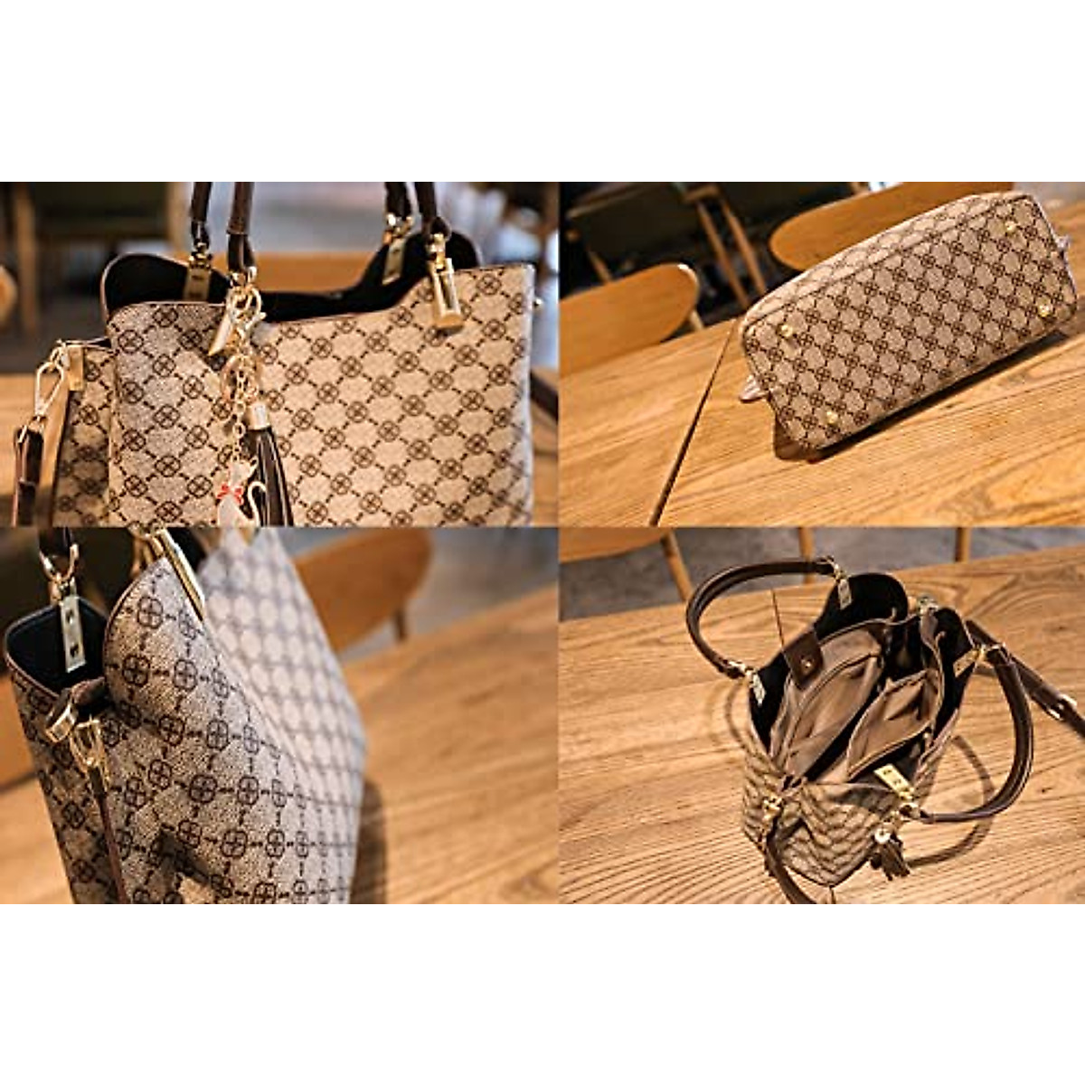 Eightown Beige Tote Bag for Women - Designer Top Handle Bag with Flowers Printing - High-capacity Shoulder Purse with Tassel Pendant(Brown strap)