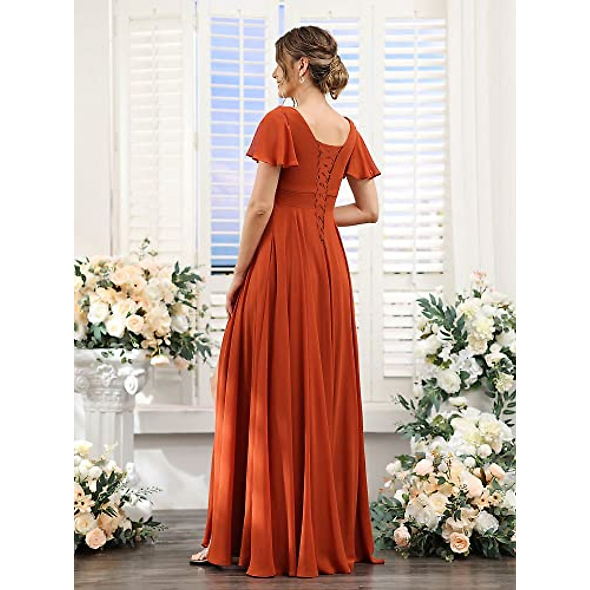 deamify Modest V Neck Flutter Sleeves Bridesmaid Dresses with Pockets Split Pleats Short Sleeves Sage Green Formal Dress for Women 10