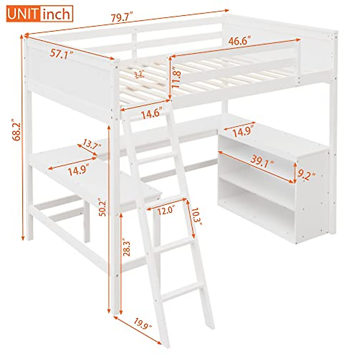 GYYBED Full Size Wooden Loft Bed with 3 Storage Shelves and Built-in L-Shape Desk for Kids Teens Adults Full Size loft Bed with Desk Full Size loft Bed loft Bed with Desk(White + Wood)
