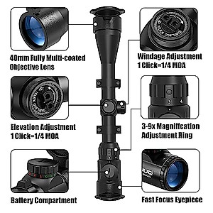 UUQ 3-9×40 Rifle Scope with Red/Green Illumination and Rangefinder Reticle - Includes Batteries, Fits 20mm Free Mounts, Waterproof and Fog-Proof,for Hunting,Airsoft and Pellet Guns