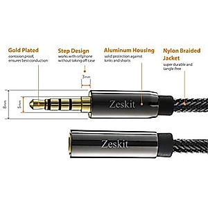 Zeskit Premium 3.5mm Jack Male to Female AUX Audio Extension Cable, TRRS 4 Poles for Headphones with Mic, Speakers - 6ft