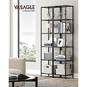 VASAGLE Bookcase, 6-Tier Bookshelf, Slim Shelving Unit for Bedroom, Bathroom, Home Office, Tempered Glass, Steel Frame, Black and Gray ULGT500G01