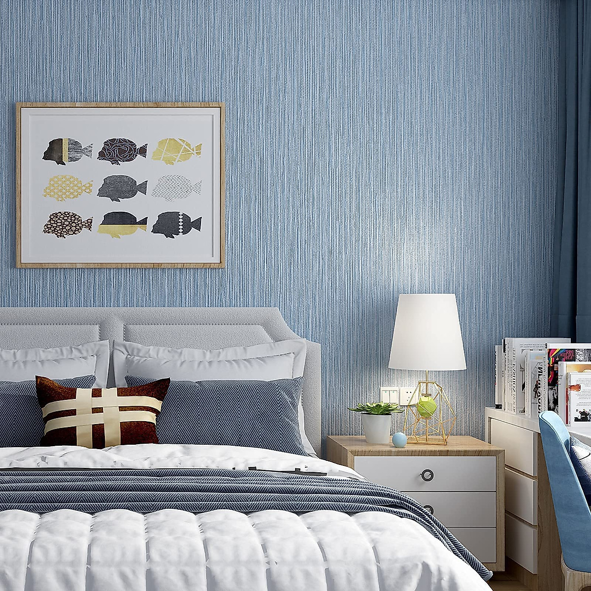 Haimin Grasscloth Wallpaper Textured 24in X 393in Fabric Contact Paper Grey Blue Wall Paper Textured Linen Peel and Stick Self-Adhesive Thick Vinyl Embossed Film Wallpaper (Gray Blue)