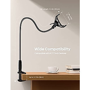 Lamicall Gooseneck Phone Holder for Bed - [Upgraded Stable Clip] for Desk, Headboard, Bed, Bedside, Table, Flexible Gooseneck Long Arm Stand, Overhead Cell Phone Clamp Mount, for All 4-7” Devices