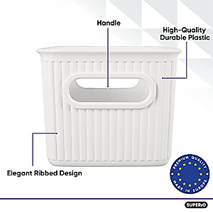 Superio Decorative Plastic Open Home Storage Bins Organizer Baskets, Small White (1 Pack) Container Boxes for Organizing Closet Shelves Drawer Shelf - Ribbed Collection 1.5 Liter