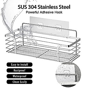 Shower Caddy Baskets with Removable Hooks Shelf Organizer Storage for Shampoo Conditioner Sponge Holder Shower Shelf Basket Kitchen Bathroom Organizer No Drilling Wall Mounted SUS304 Stainless Steel