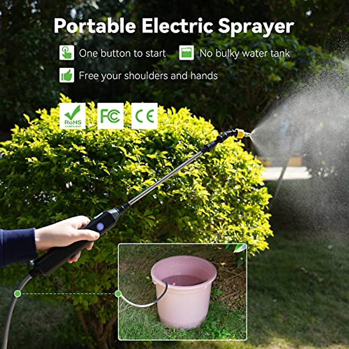 Toovem Electric Garden Sprayer, Portable Battery Powered Watering Wand, Rechargeable Plant Spray Mister with Telescopic Wand, 2 Adjustable Nozzles and 10ft Water Hose for Yard Lawn Weeds Plants