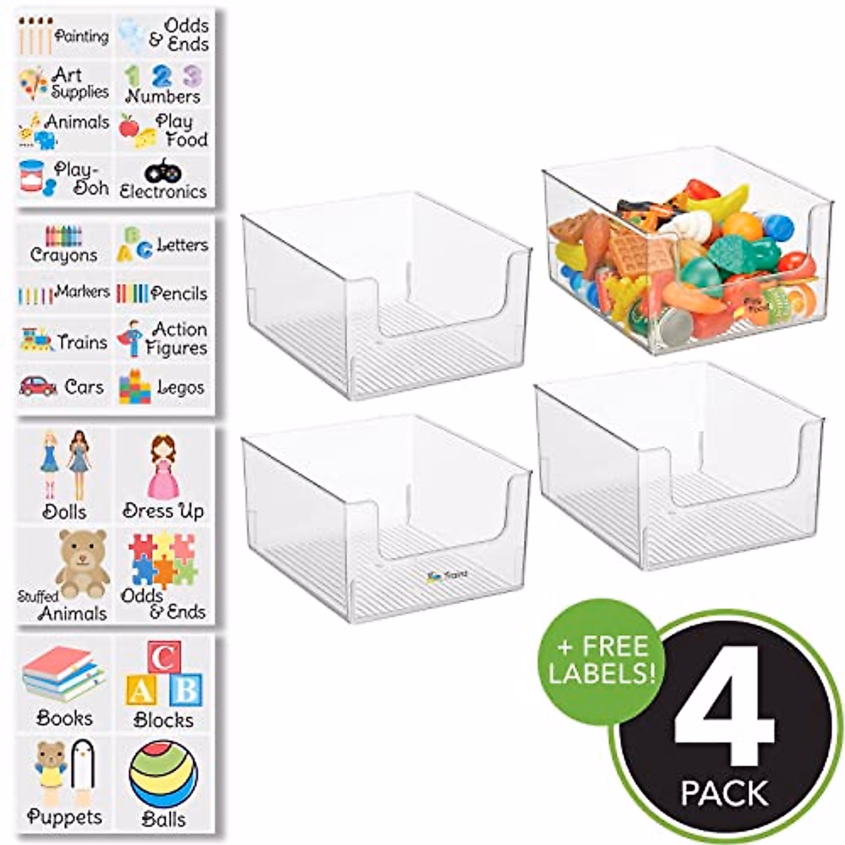mDesign Plastic Open Front Toy Storage Organizer Bin for Playroom, Nursery, Kids Closets; Holds Action Figures, Crayons, Building Blocks, Puzzles - Ligne Collection - 4 Pack + 24 Labels - Clear