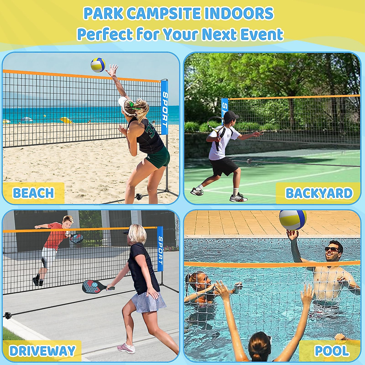 Pickleball Net, Pickleball Set with Net, Indoor Outdoor 17ft x 3-5ft Height Adjustable Pickle Ball Net, Pickleball, Badminton, and Volleyball All-in-One Net w/Pickleball Paddles, Badminton Rackets