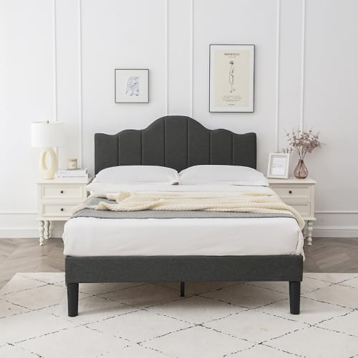 EZKozzy Full Bed Frame Upholstered Platform with Headboard and Strong Wooden Slats, Strong Weight Capacity, Non-Slip and Noise-Free,No Box Spring Needed, Easy Assembly, Grey Full Bed