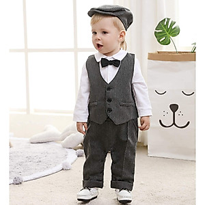 WESIDOM Baby Boy Suit Outfits Set 3pcs,Infant Tuxedo Long Sleeve Gentleman Wedding Jumpsuit & Vest Coat & Beret Hat