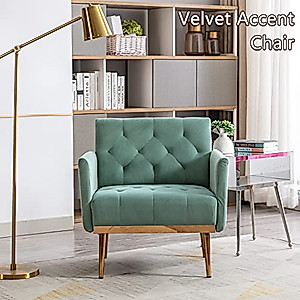 Olela Accent Chair with Arms for Living Room, Modern Tufted Single Sofa Armchair with Gold Metal Legs Upholstered Reading Chair for Bedroom Office Decorative (Velvet-Smooth Backrest, Mint Green)