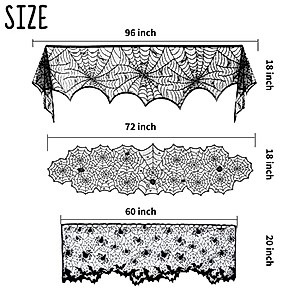 Beeager 5 Pack Halloween Spider Decorations Sets -Halloween Fireplace Mantel Scarf & Round Table Cover & Lace Table Runner & Cobweb Lampshade & 60 pcs Scary 3D Bat for Halloween Party Decors (1) (1)