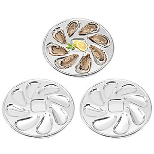 UOIENRT 3 Pack Oyster Plate, Stainless Steel 8 Slots Oyster Grill Pan with Center Slot Multi-Functional Grill Pan for Oysters and Scallop, Sauce and Lemon(Silver)