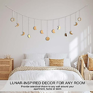 Moon Phase Wall Decor with LED String Light, 13 Gold Hammered Wood Boho Wall Hanging Decor Mood Garland 56'' - Celestial Phases Moon Decor in Bohemian Style for Bedroom Home Living Room Gift