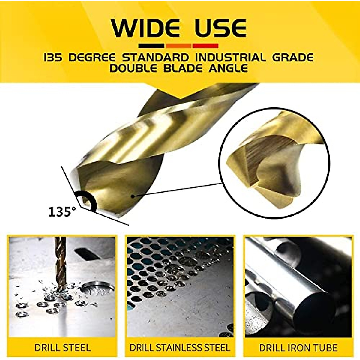 Monster & Master Titanium-Plated Drill Bit Set, High-Speed Steel Gold Drill Bits with 135-Degree Bifurcated Tip, 1/16"to 1/2", Long Twisted Metal Jobber Bit, 29-Piece