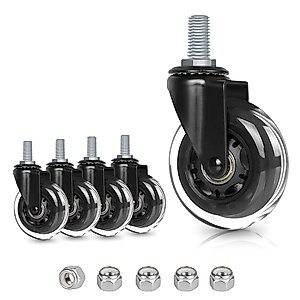 8T8 3" Office Chair Caster Wheels Heavy Duty, Set of 5, 3/8"-16x1" (Not Metric M10), Threaded Stem Casters with Nylon Nuts, Replacement PU Rubber Wheels, Safe for Hardwood Tile Floors