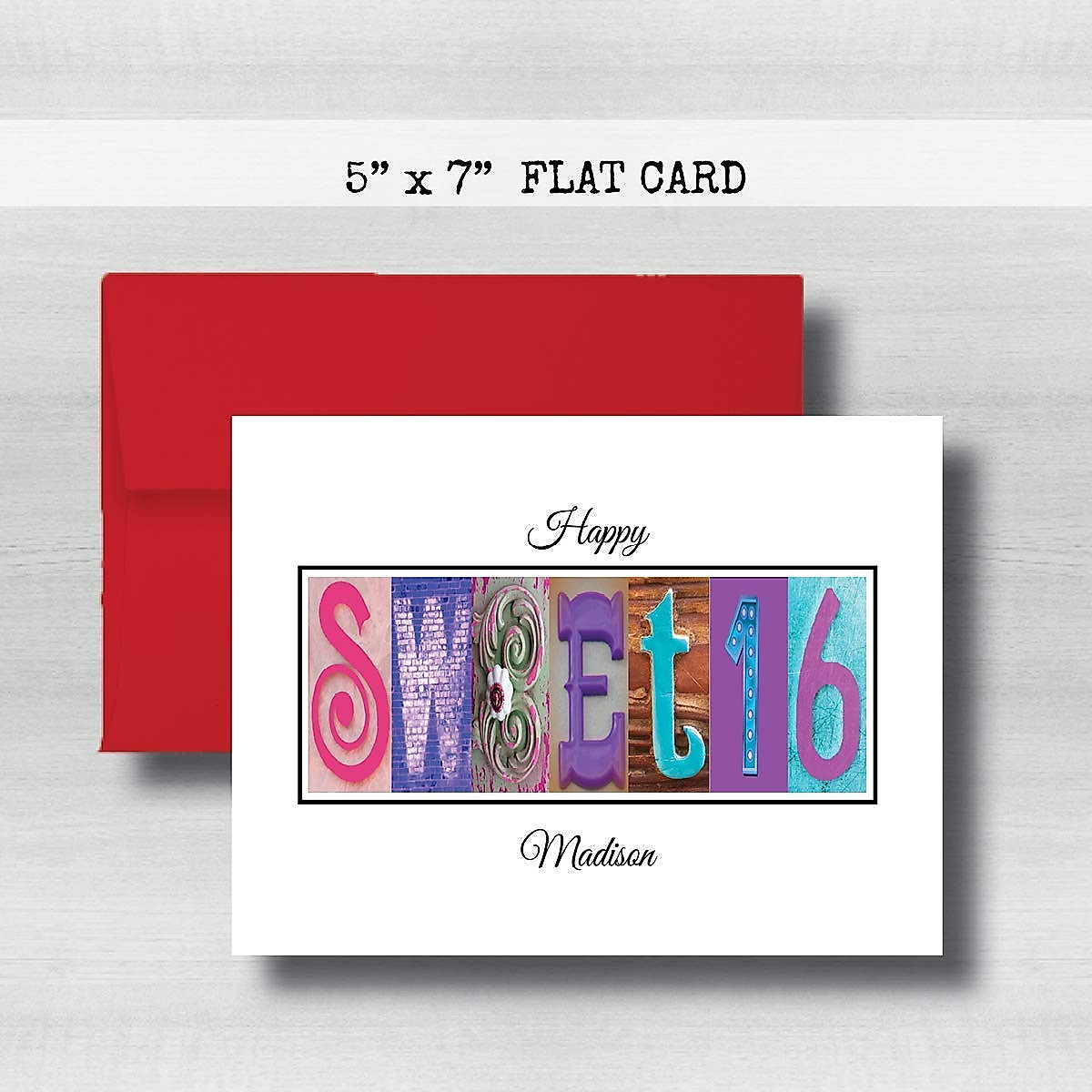 Sweet 16 Happy Birthday Card, 5" x 7" FLAT CARD, Personalized Greeting Cards