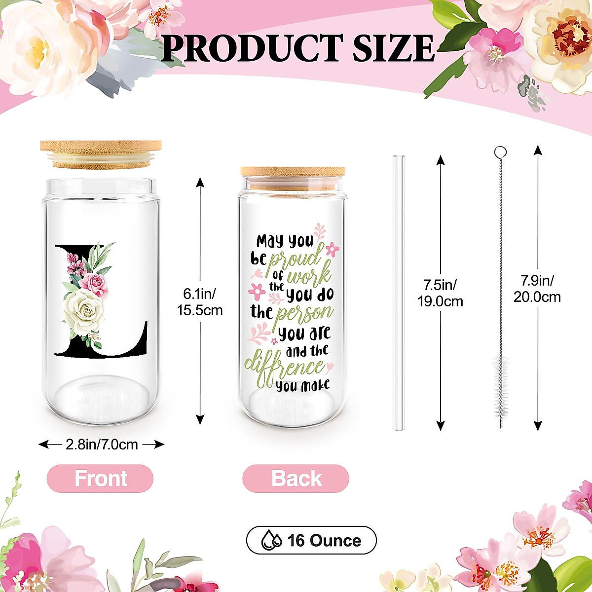 WINOWIMO Initial Glass Cups with Lids and Straws, Personalized Gifts for Women, Iced Coffee Cup Glass Tumbler, Birthday Bridesmaid Proposal Inspirational Customized Christmas Gifts for Women Girls (L)