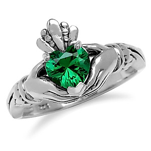 Silvershake 6MM Heart Shape Created Nano Green Emerald Irish Celtic Claddagh 925 Sterling Silver Friendship Ring May Gemstone Birthstone Size 5