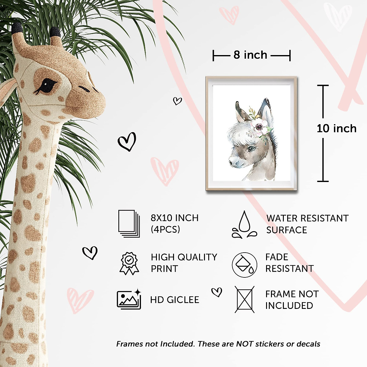 Designs by Maria Inc. Set of 4 UNFRAMED Farm animal kids nursery decor | Cute animal pictures | Animal posters safari wall decor | Farm Animal with Floral Crown Wall Art | Farmhouse Artwork (8"x10")