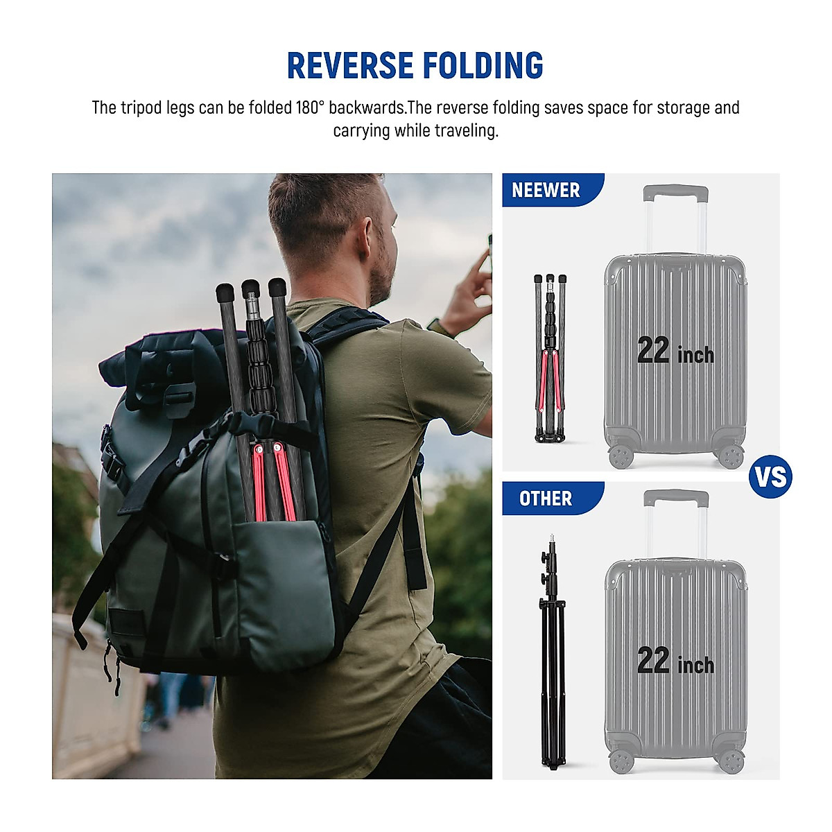 NEEWER Light Stand Carbon Fiber with 180° Reversible Legs, 1/4" to 3/8" Screw Adapter and Bag, 86.5"/220cm Portable Travel Tripod Stand for Outdoor Photography Speedlite Strobe Softbox, ST210R