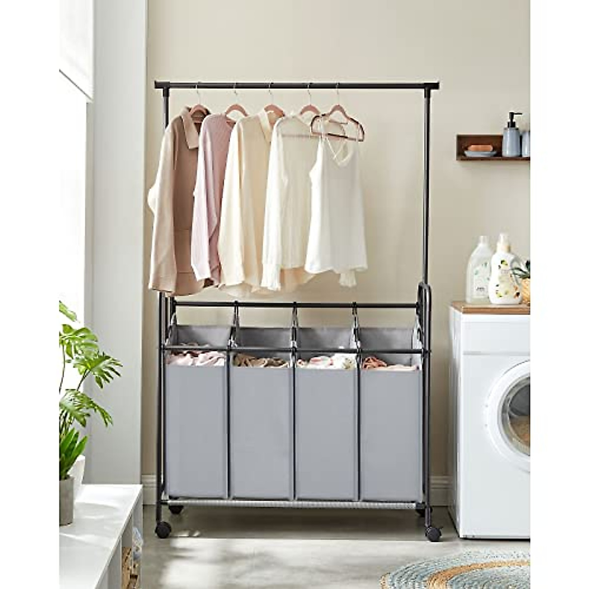 4-Bag Laundry Sorter Rolling Cart with Hanging Bar Heavy-Duty Wheels Gray Grey Polyester