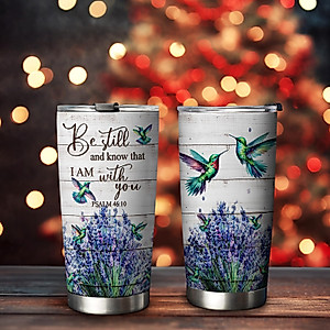 20oz Faith Hummingbird Tumbler, Be Still and Know that I am with You, Religious, Christian Gifts, Coffee Thermos for Women, Stainless Steel Double Wall Vacuum Insulated Coffee Mug, Travel Cup with Lid