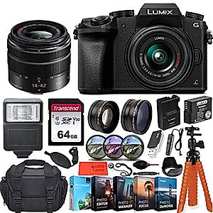 Panasonic Lumix DMC-G7 4K Wi-Fi Digital Camera & 14-42mm Lens (Black) + 64GB Transcend Memory Card + Battery & Charger + Case + Spider Tripod and More…
