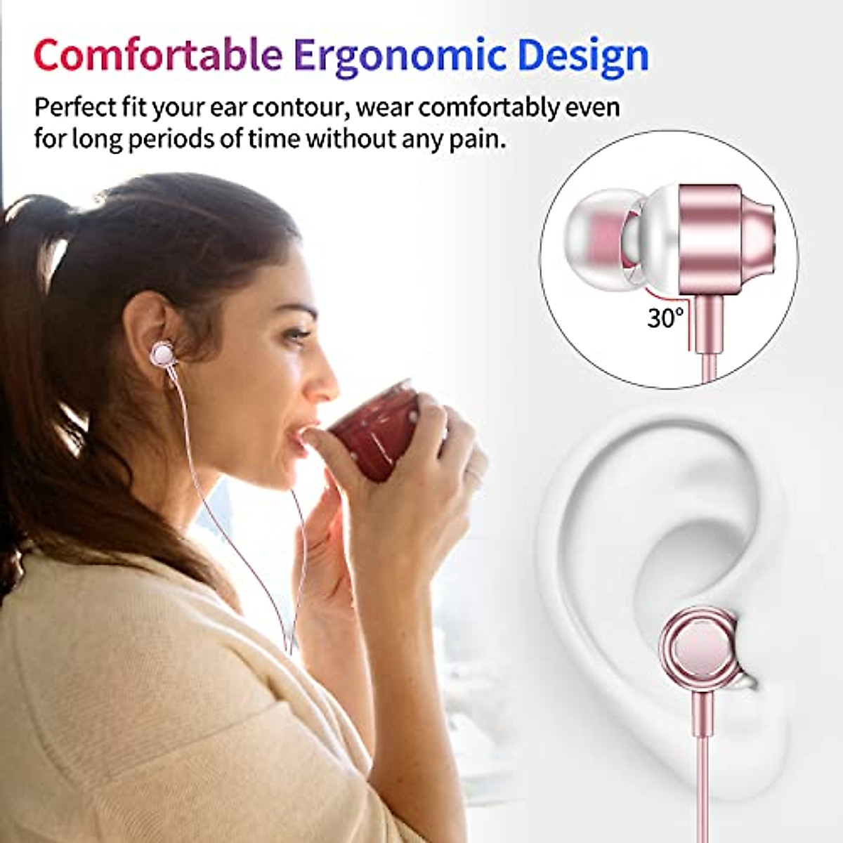 3.5 mm Headphones Magnetic Digital Earbuds for Samsung Galaxy A52 A33 A13 A03s Noise Canceling in-Ear Wired HiFi Stereo Bass Kids Women Small Ears Earphones for Tablets MP3 MP4 PS5 Rose Gold