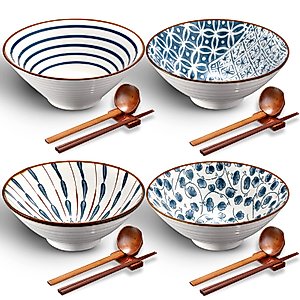 Zopeal Ceramic Ramen Bowl Set of 4 40 Ounce Japanese Large Ramen Bowls with Chopsticks and Spoons and Racks Ceramic Ramen Asian Soup Bowl Stand for Udon Soba Pho Asian Noodles Soup Ramen Salad Pasta