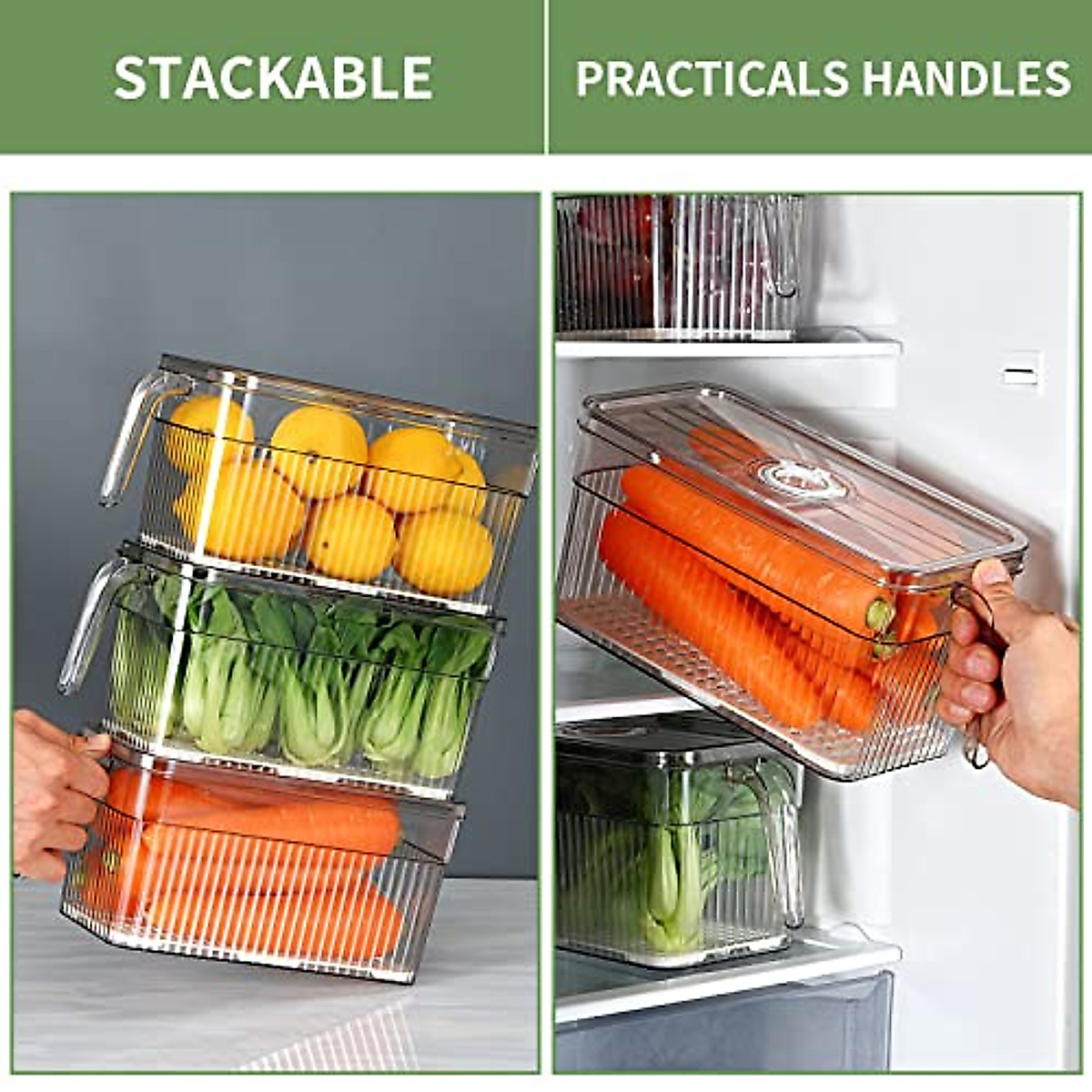 Fridge Organizer with Freshness Timer Lid, Stackable Refrigerator Organizer Bins with Front Handle and Drain Tray, BPA-FREE Clear Plastic Food Storage Bins for Kitchen, Pantry, Cabinet ( 3L, 4Pack)