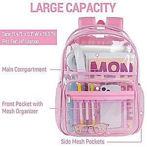 Mancro Clear Backpack for Girls, TPU Transparent Bookbag Heavy Duty See Through School Bag with 14 Inches Laptop Compartment, See Through School Backpack, Pink