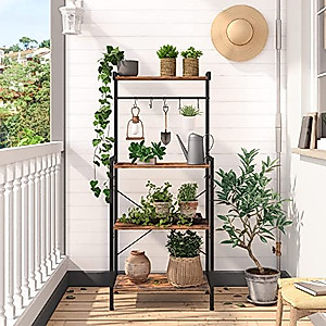 HOOBRO Bakers Rack for Kitchen, 4 Tier Microwave Stand with Storage, Multifunctional Baker's Rack with 8 Hooks, Wooden Kitchen Storage Shelf, Stable Metal Frame, Easy Assembly, Rustic Brown BF04HB01