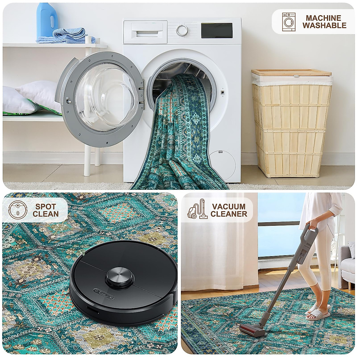 CAPALOCA Area Rug 6x9 Area Rugs Print Machine Washable Area Rug Vintage Boho Area Rug Bohemian Distressed Carpet Non Slip Low Pile Stain Resistan for Living Room Bedroom Teal/Blue/Purple