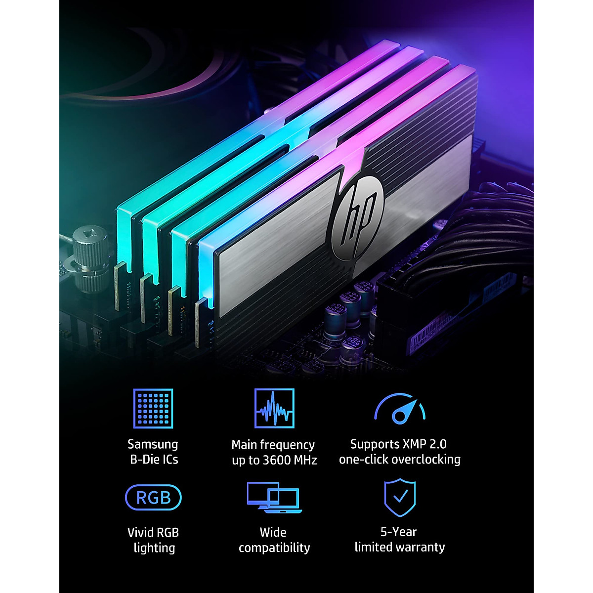 HP V10 RGB 32GB (16GBx2) Gaming RAM 3200 MHz DDR4 CL14 1.35V Desktop Computer LED Memory Kit - 48U45AA#ABC